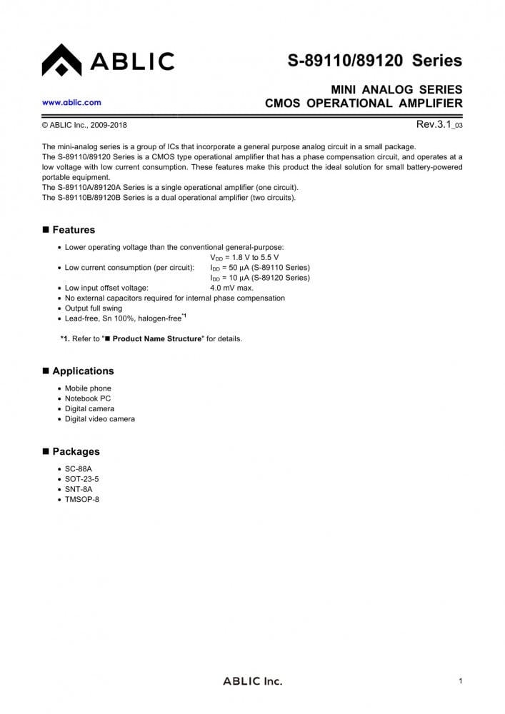 ABLIC S-89110 series datasheet page 1