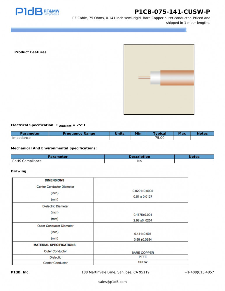 P1CB-075-141-CUSW-P technical document, page 1
