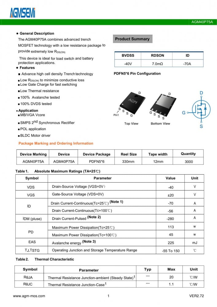 AGM40P75A datasheet page 1