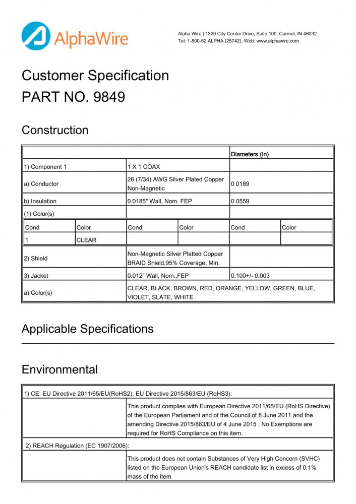 Alpha Wire 9851 technical document page 1