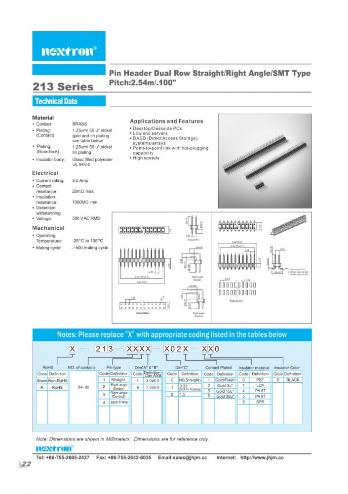 Nextron 213 Series pin header technical document preview