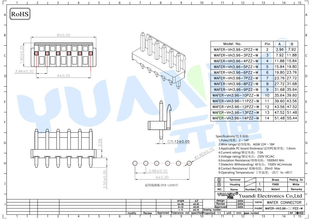 YUANDI WAFER-VH3.96-5PZZ-W technical drawing