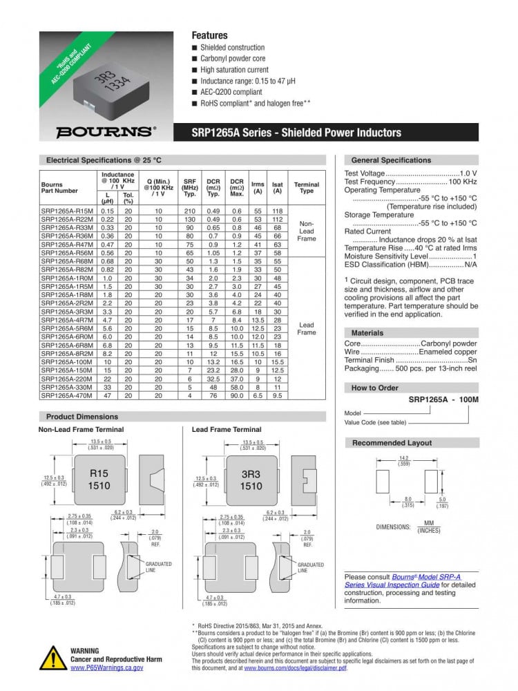 BOURNS SRP1265A Series datasheet page 1