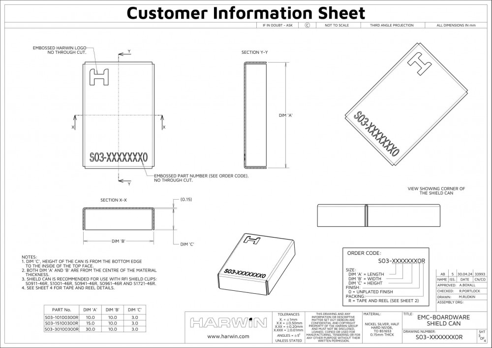Harwin S03 series EMC Boardware Shield Can drawing page 1