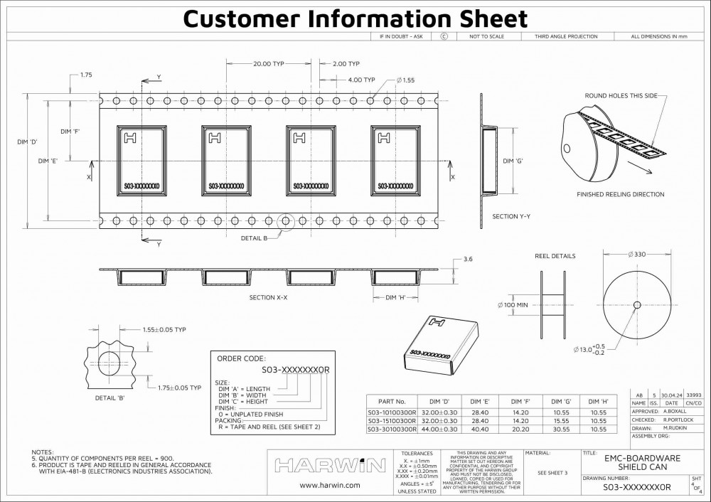Harwin S03 series EMC Boardware Shield Can drawing page 2