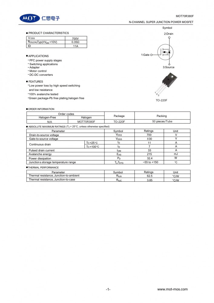 MOT70R380F datasheet page 1