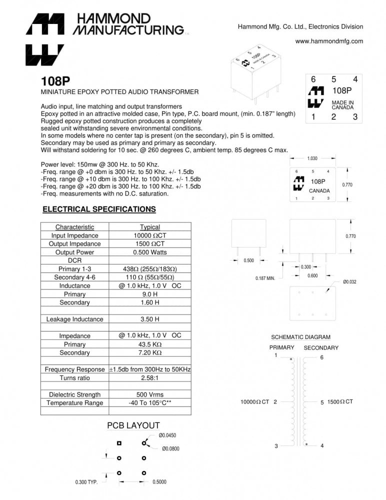 Hammond 108P technical document page 1
