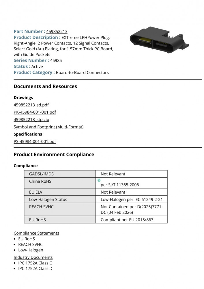 MOLEX 459852213 product document preview, page 1