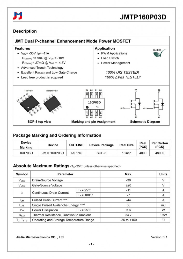 JMTP160P03D datasheet page 1