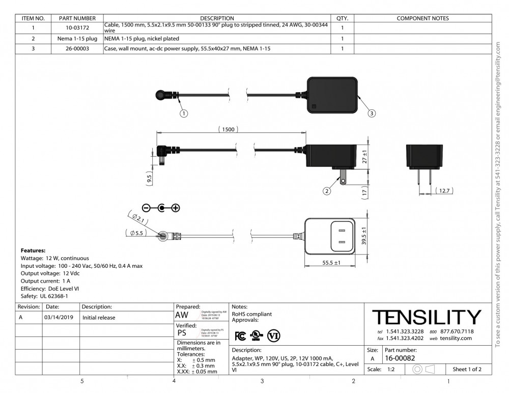 Tensility International 16-00082 assembly drawing, page 1