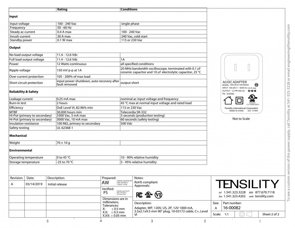 Tensility International 16-00082 electrical specification and adapter label, page 2