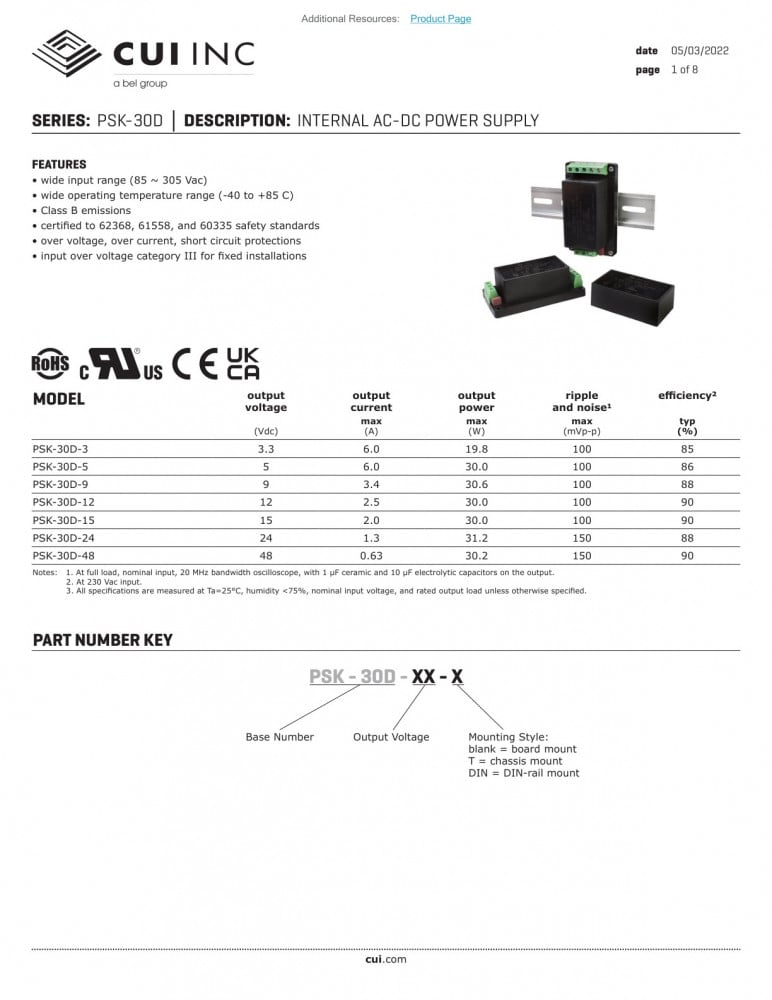 CUI PSK-30D series datasheet page 1