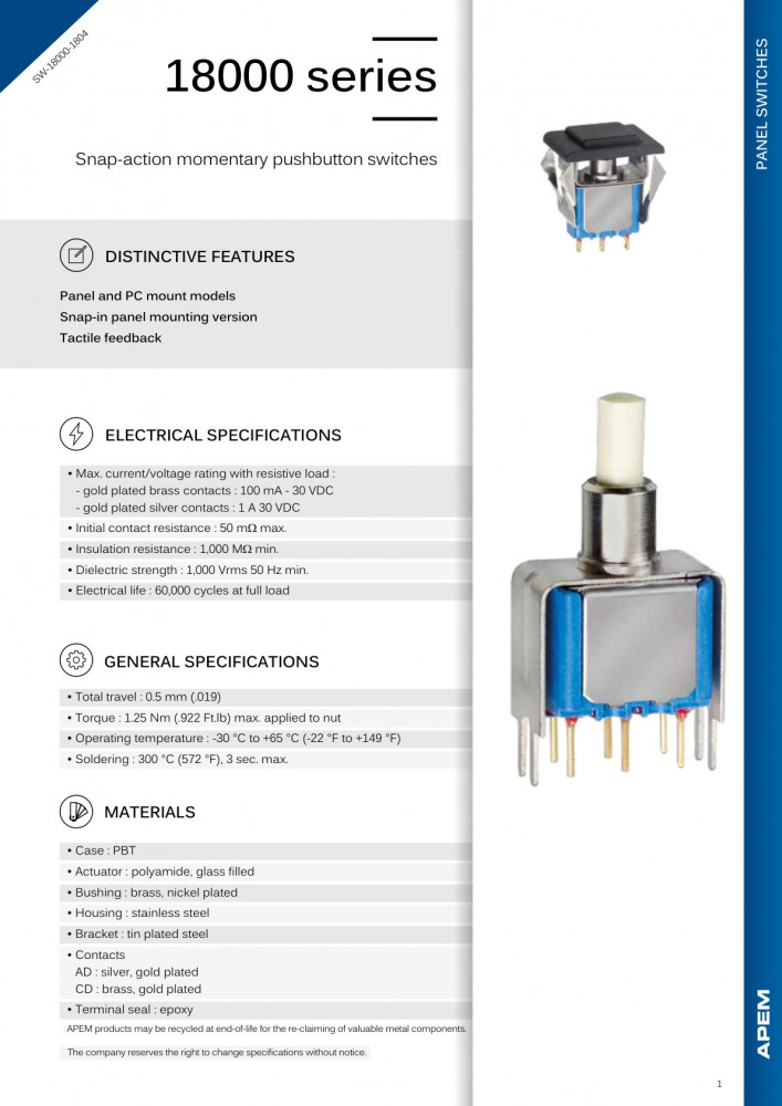 APEM 18000 series datasheet page 1