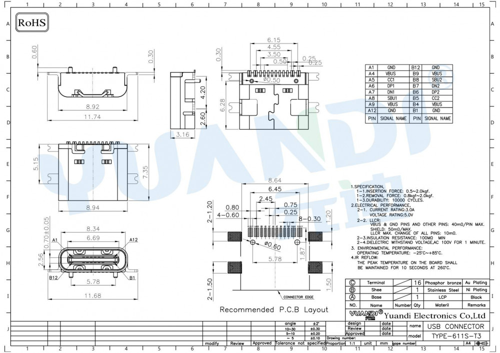 YUANDI TYPE-611S-T3 USB connector technical drawing