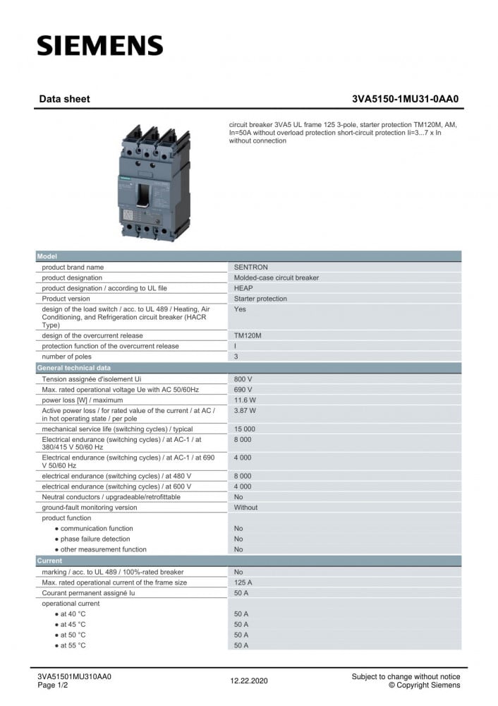 3VA5150-1MU31-0AA0 technical document page 1