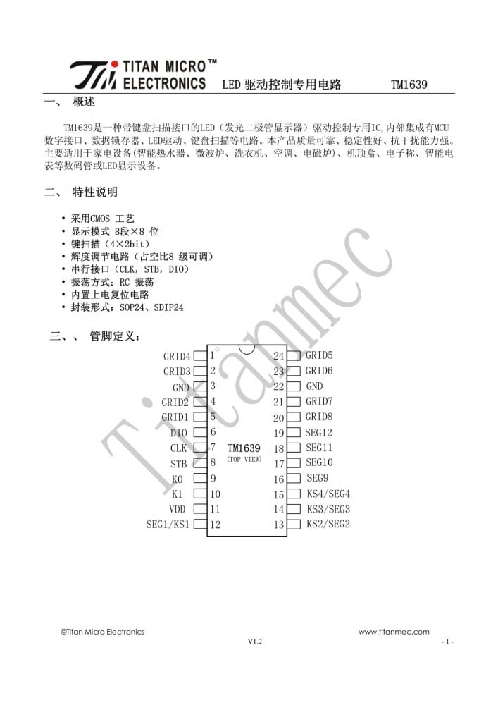 TM1639 datasheet page 1