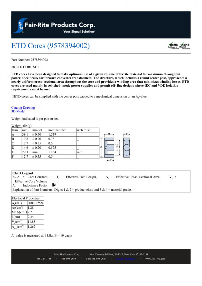 Fair-Rite 9578394002 catalog drawing and technical data