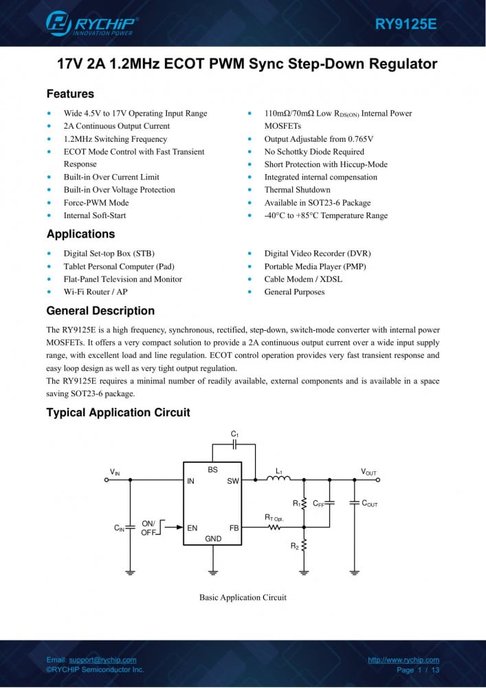 RY9125E datasheet page 1