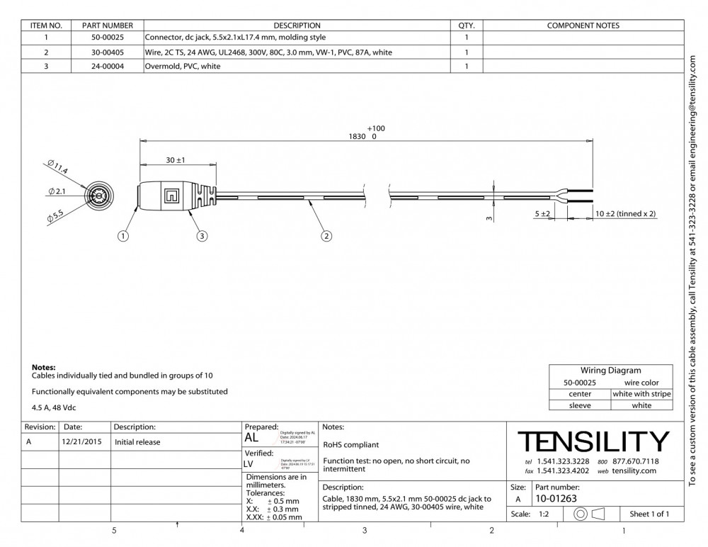 Technical drawing for Tensility International model 10-01263 DC jack cable assembly