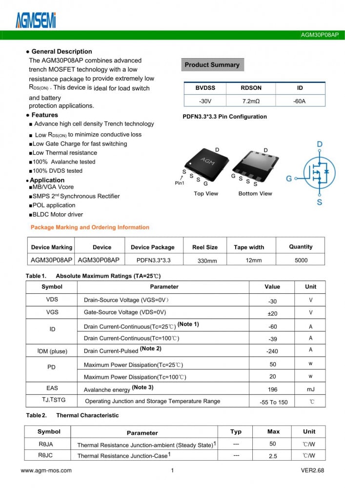 AGM30P08AP datasheet page 1