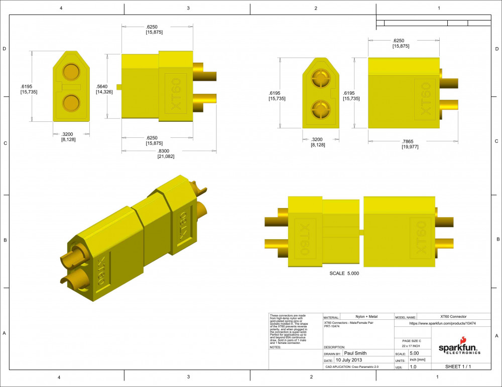 PRT-10474 XT60 connector pair technical drawing