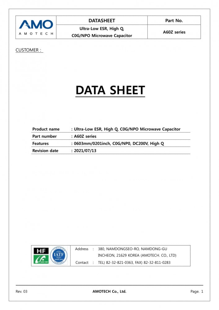 AMOTECH A60Z datasheet page 1