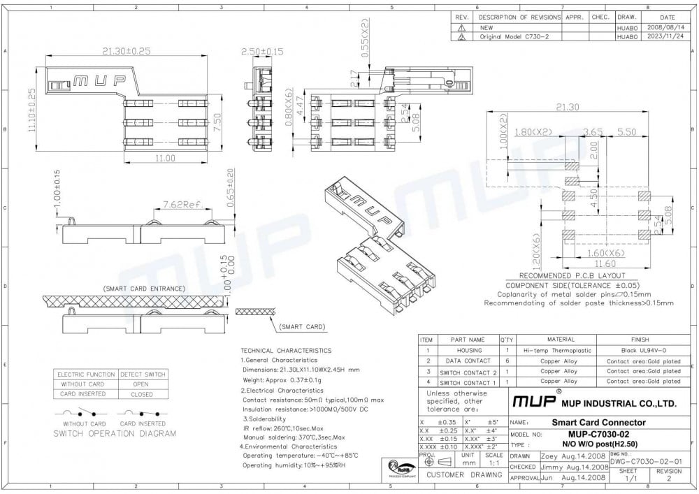 MUP C7030-02 smart card connector technical drawing