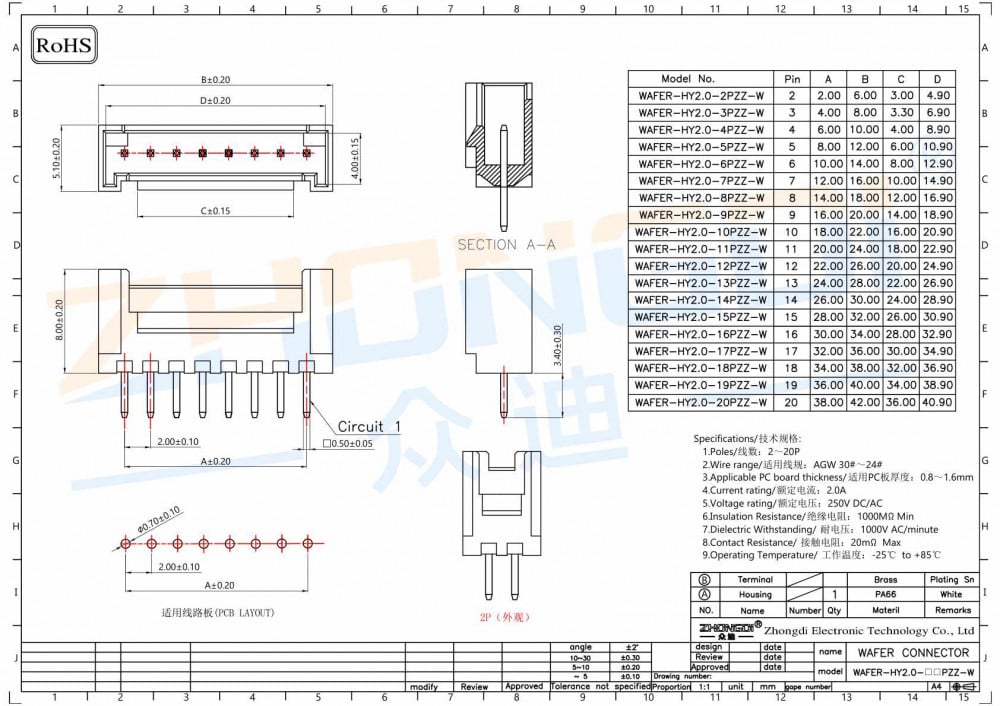 Zhongdi WAFER-HY2.0-9PZZ-W technical drawing