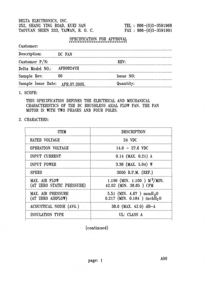 AFB0824VH specification page 1