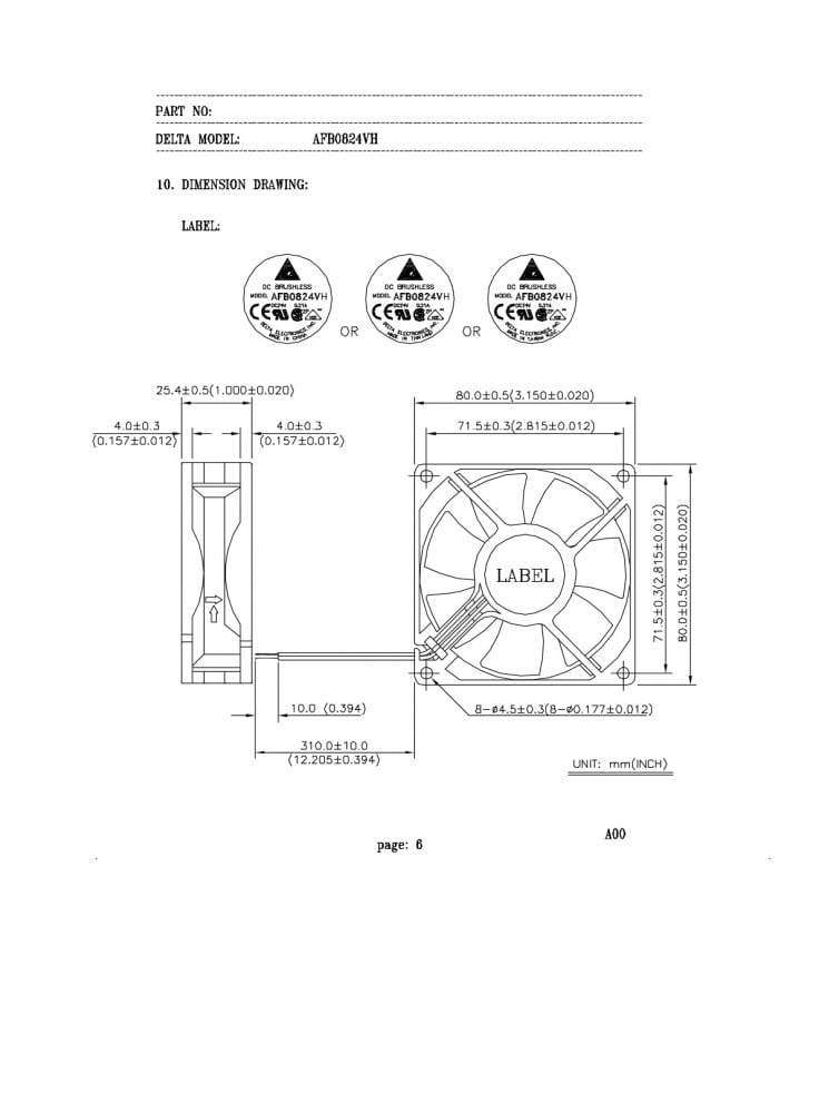 AFB0824VH specification notes page