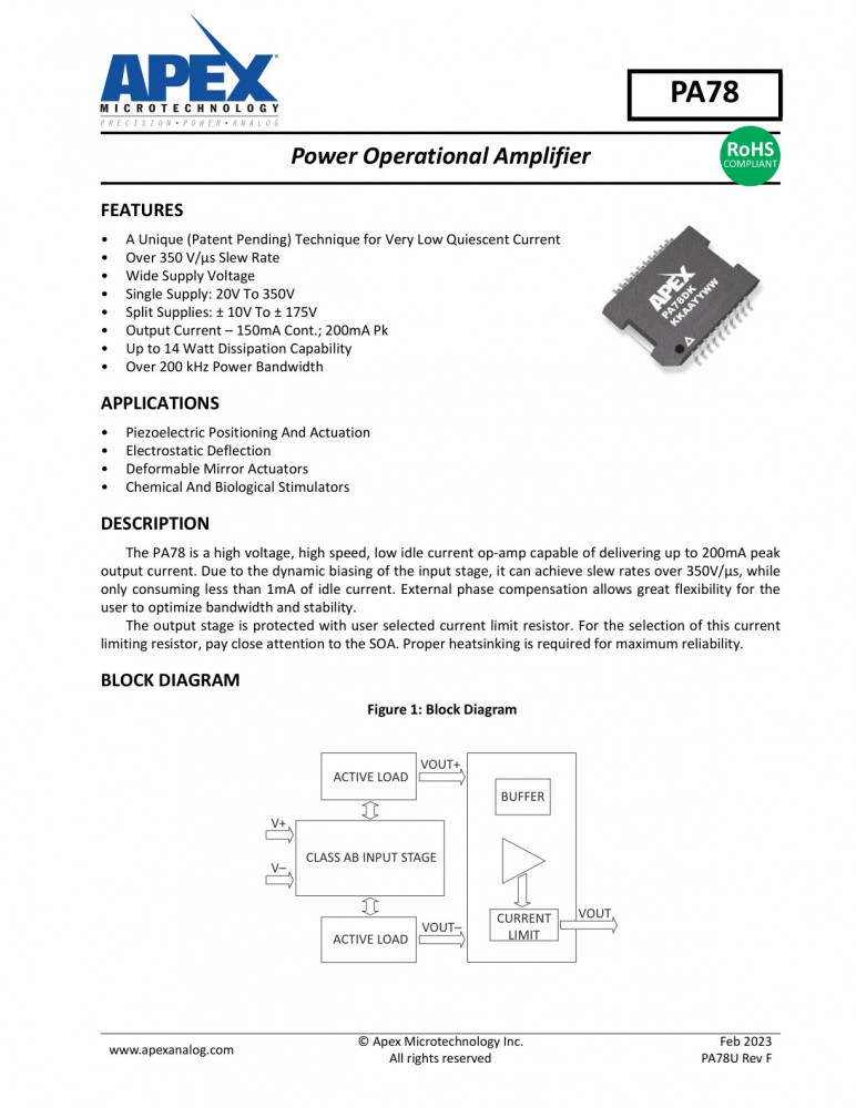 APEX PA78 datasheet page 1