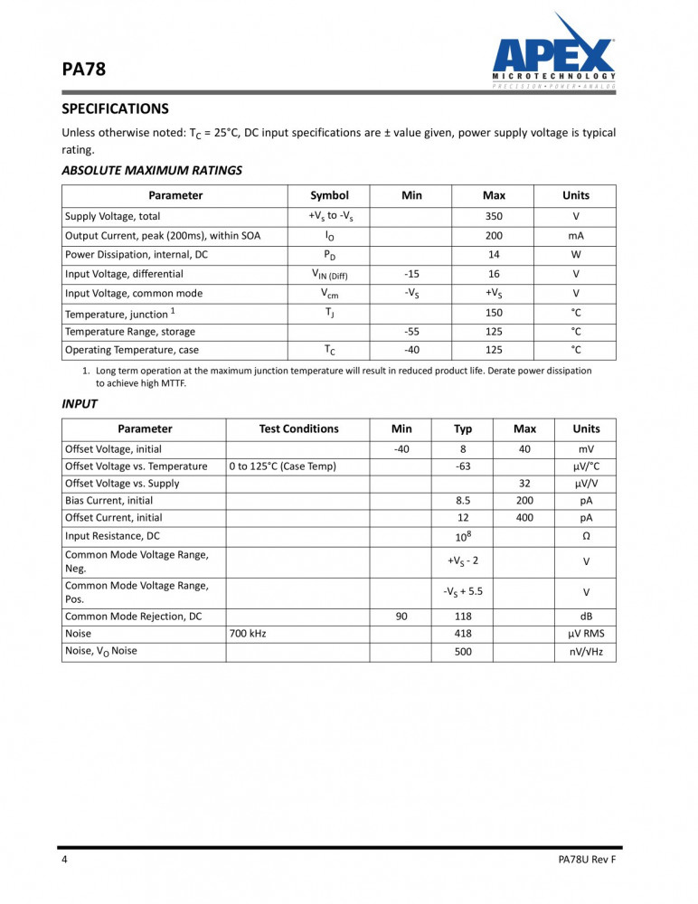 APEX PA78 datasheet page 4