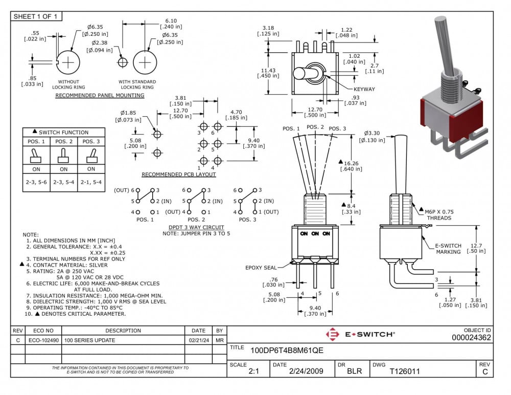 E-Switch 100DP6T4B8M61QE technical drawing