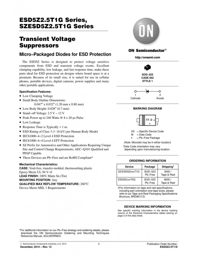 ESD5Z5.0T1G datasheet page 1