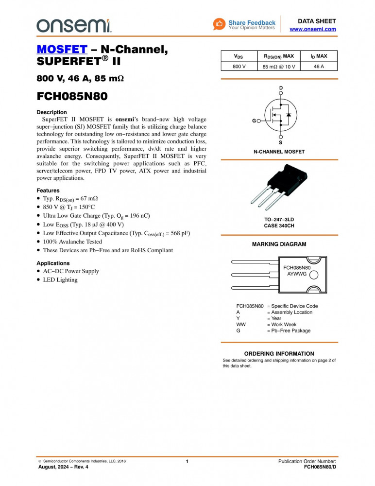 FCH085N80 datasheet page 1