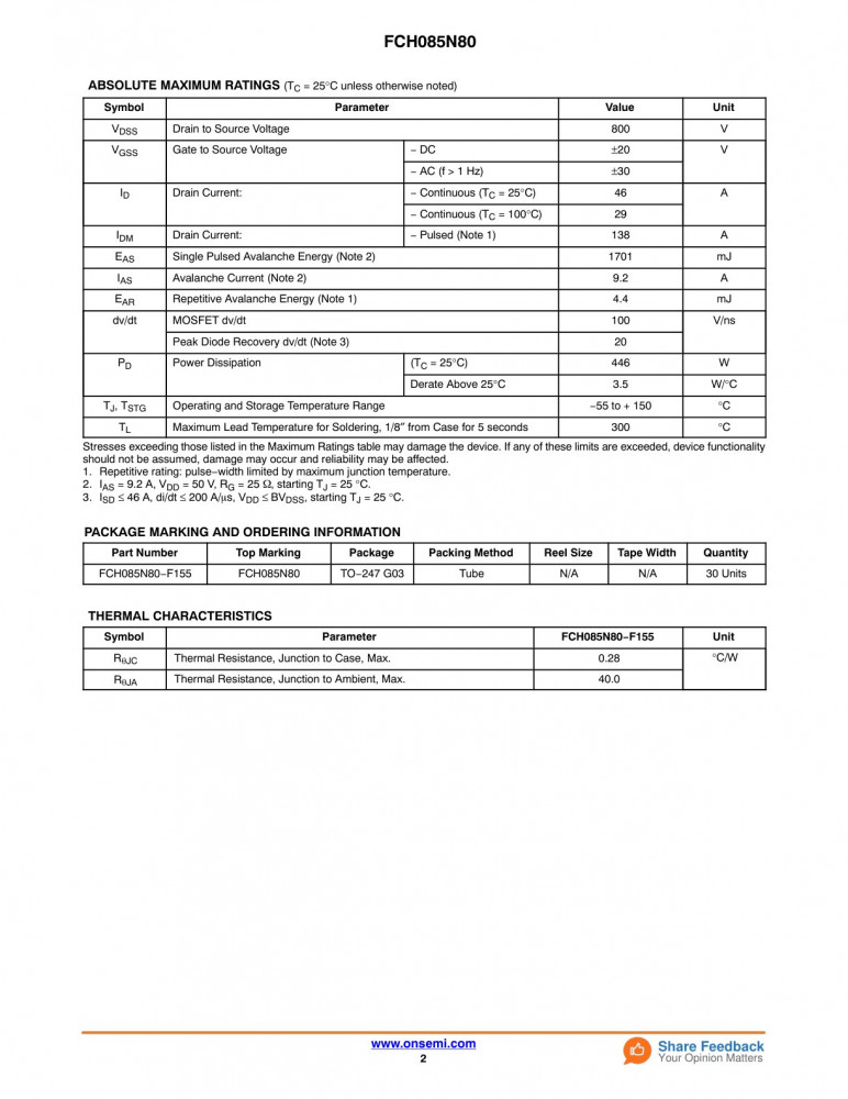 FCH085N80 datasheet page 2