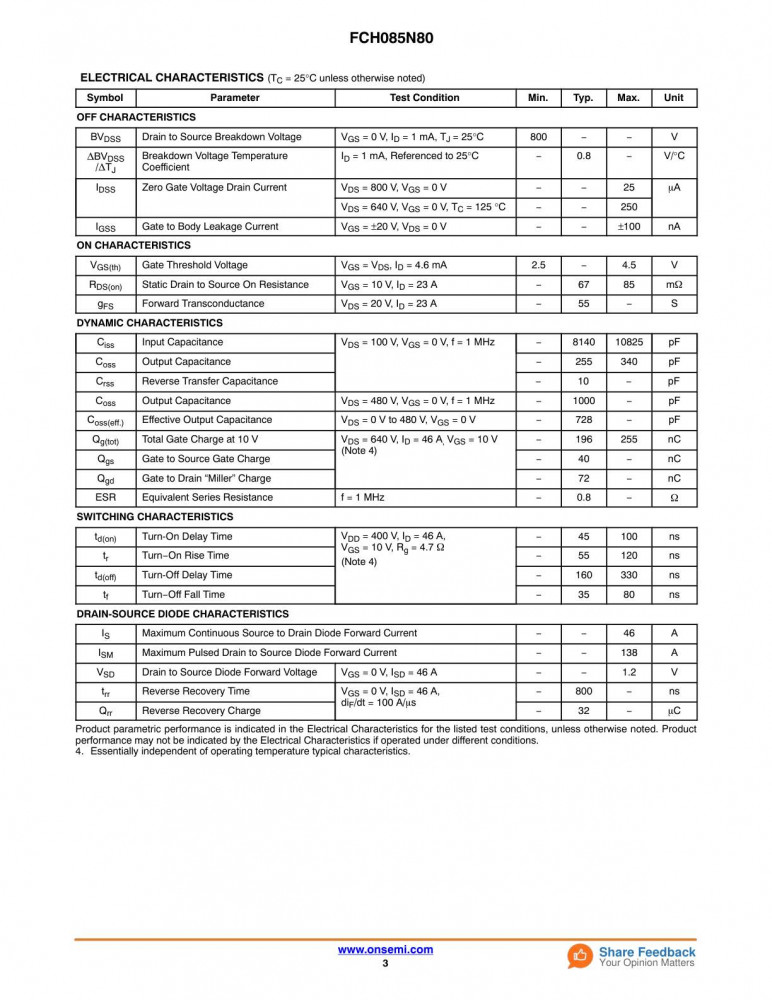 FCH085N80 datasheet page 3