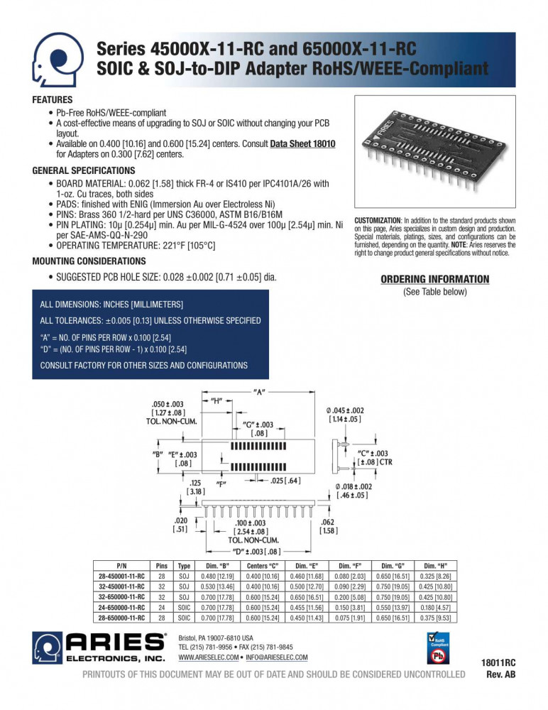 Aries Electronics adapter technical drawing and ordering information