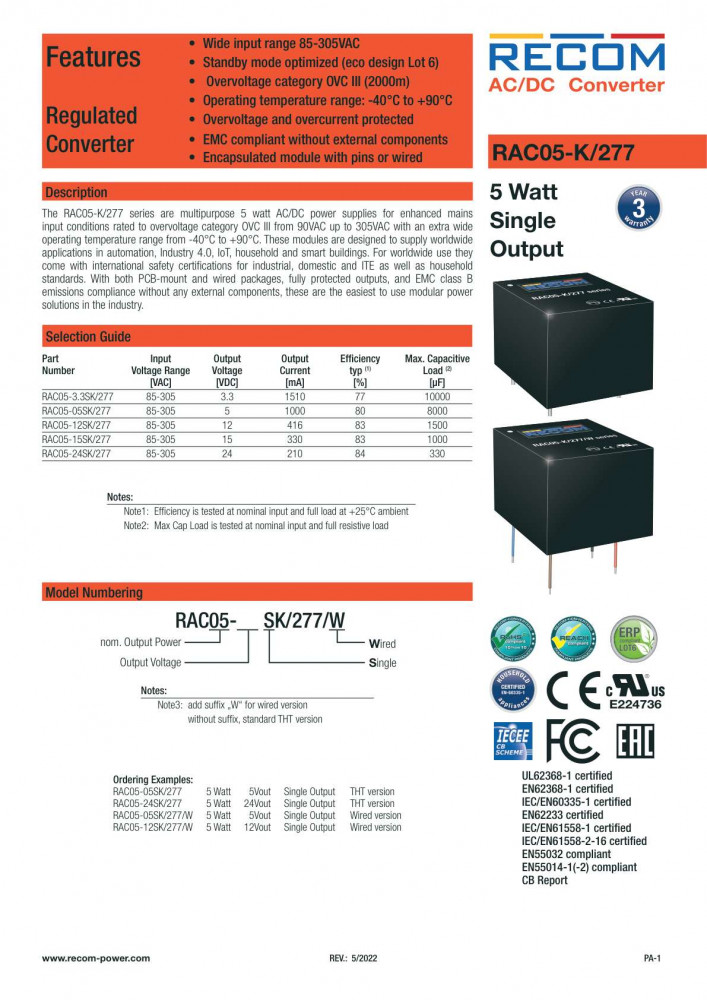 RAC05-05SK/277 datasheet page 1