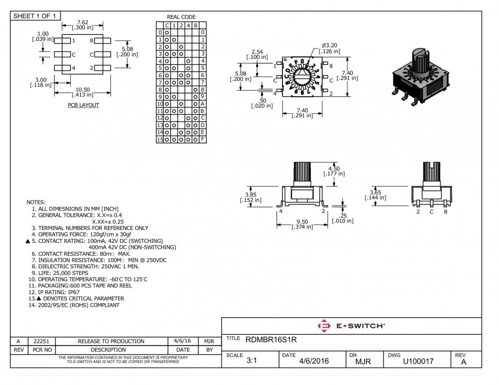 E-Switch RDMBR16S1R technical drawing page