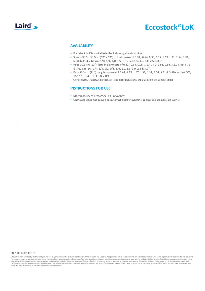 Laird Eccostock LoK technical document page 2