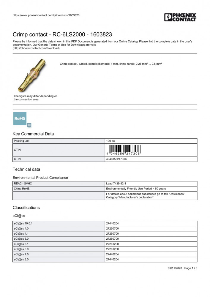Phoenix Contact 1603823 technical document page 1