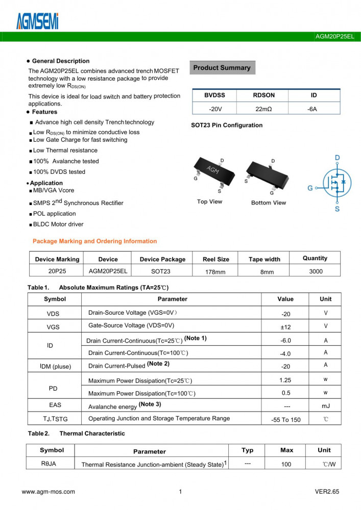 AGM20P25EL technical document page 1