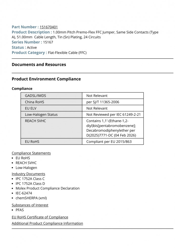 Molex 15167 FFC product specification, page 1