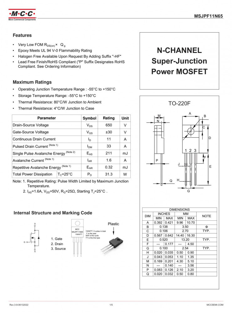 MSJPF11N65-BP datasheet page 1