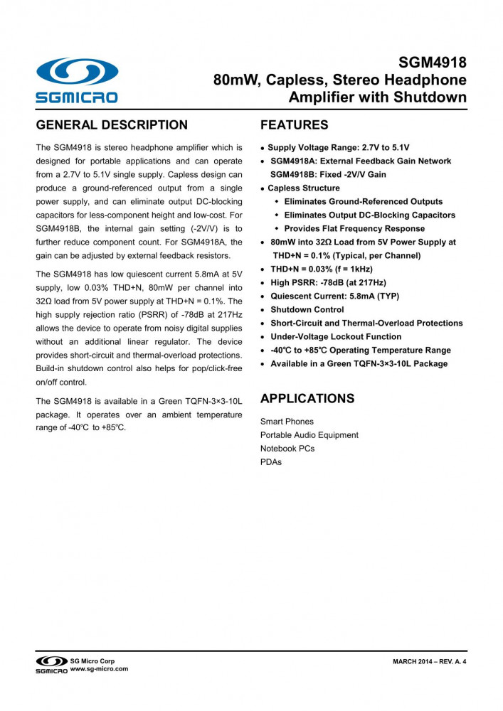 SGM4918 datasheet page 1
