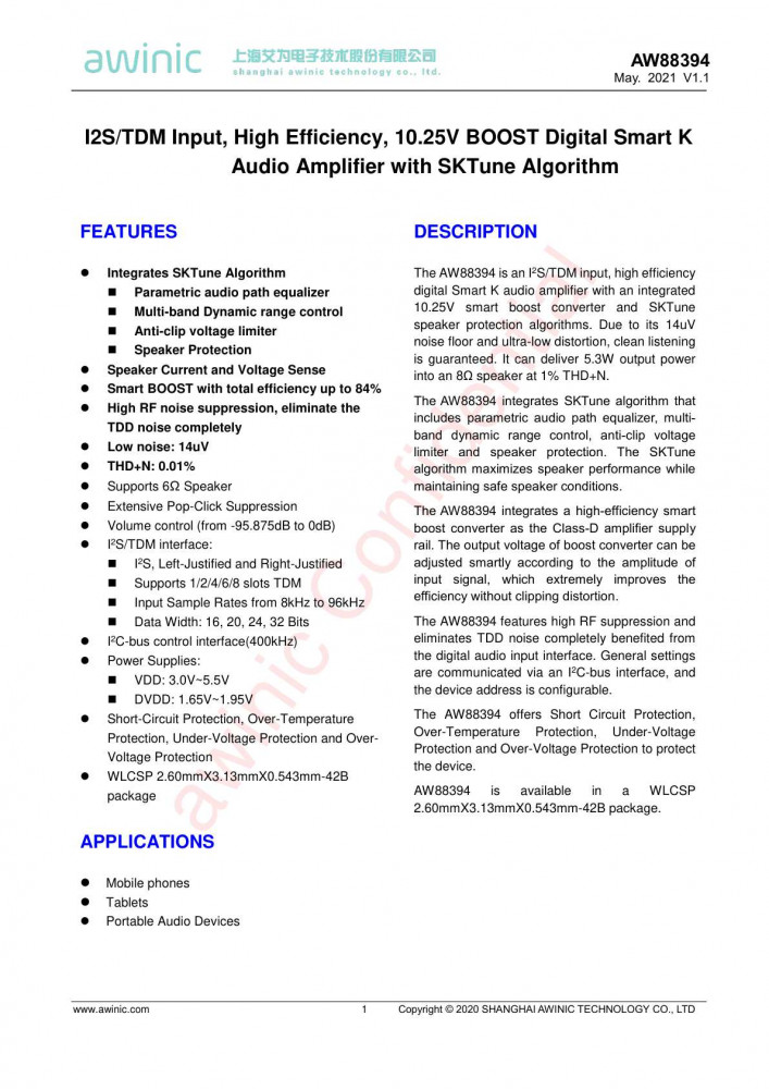 AW88394CSR datasheet page 1