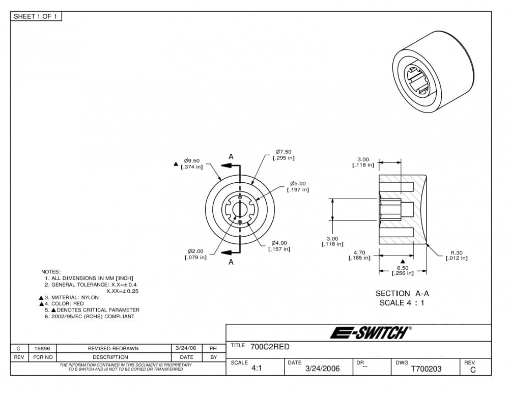 E-Switch 700C2RED technical drawing