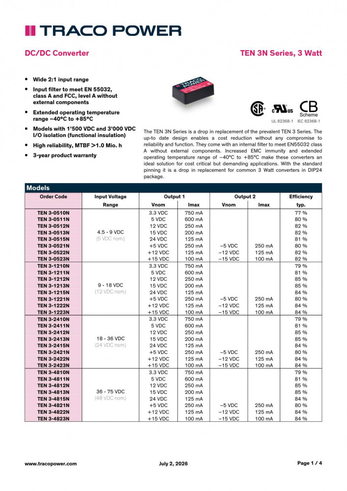 TEN 3N datasheet page 1