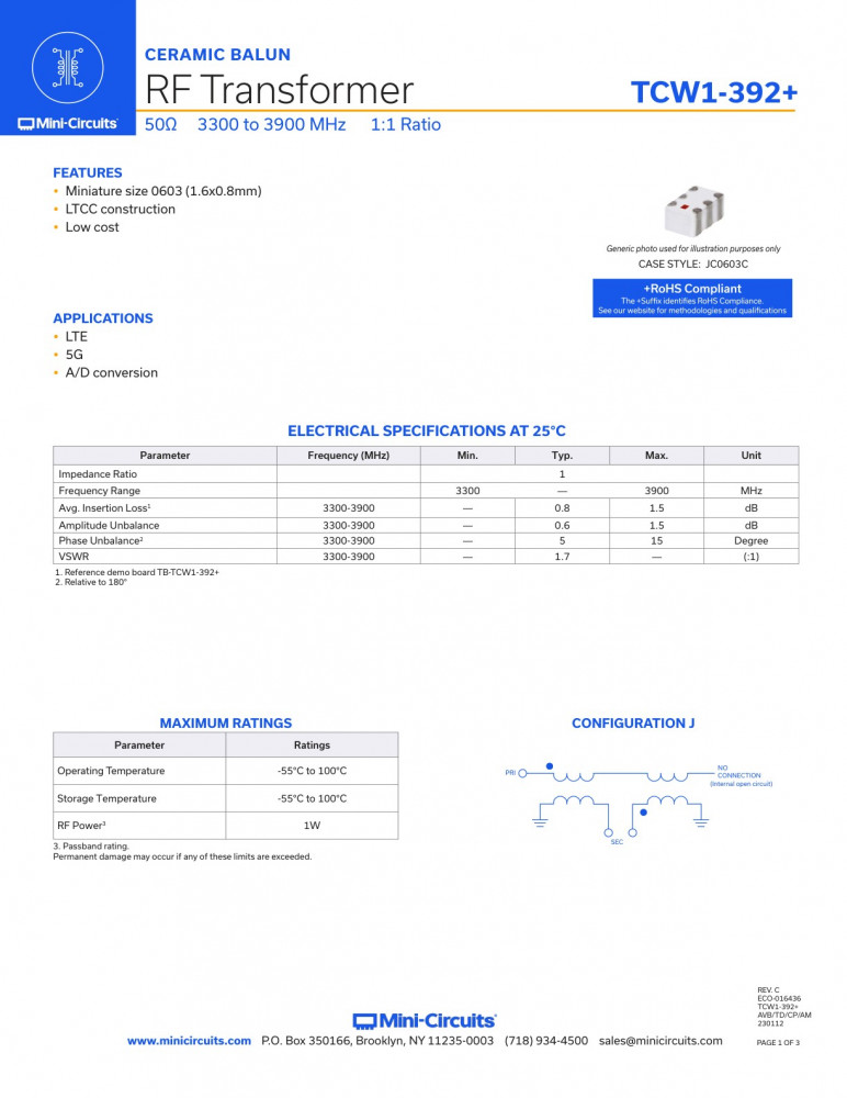 TCW1-392+ datasheet page 1
